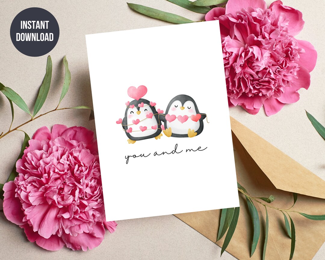 Printable You and Me Valentine's Day Greeting Card, Cute Penguin Card ...