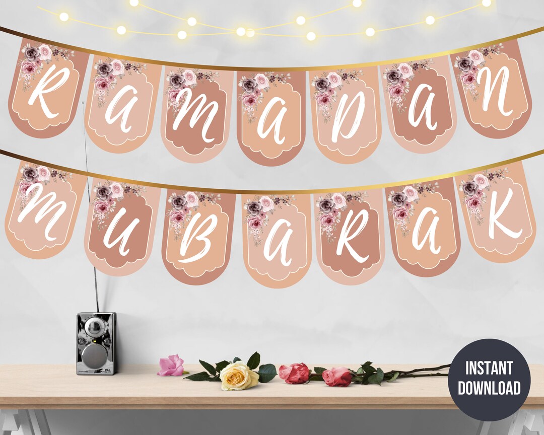 Printable Ramadan Mubarak Banner, Modern Floral Ramadan Decoration ...