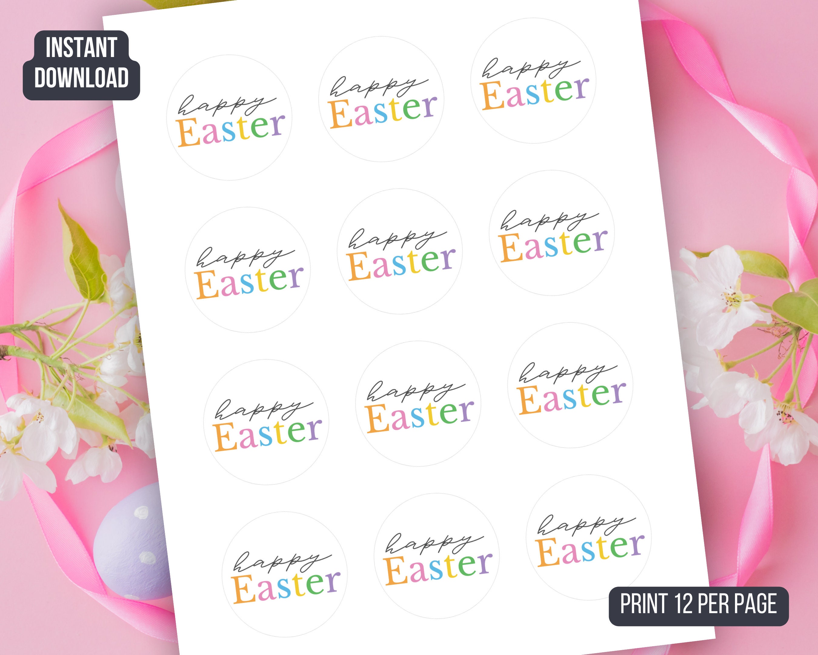 Printable Happy Easter Circle 2" Gift Tag, Pastel Colors, Happy Easter Minimalist Tag Spring ...