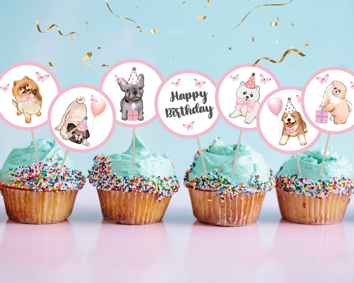 Printable Pink Dog Birthday Party Cupcake Toppers, Puppy Pawty Cupcake ...