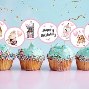 Printable Pink Dog Birthday Party Cupcake Toppers, Puppy Pawty Cupcake ...