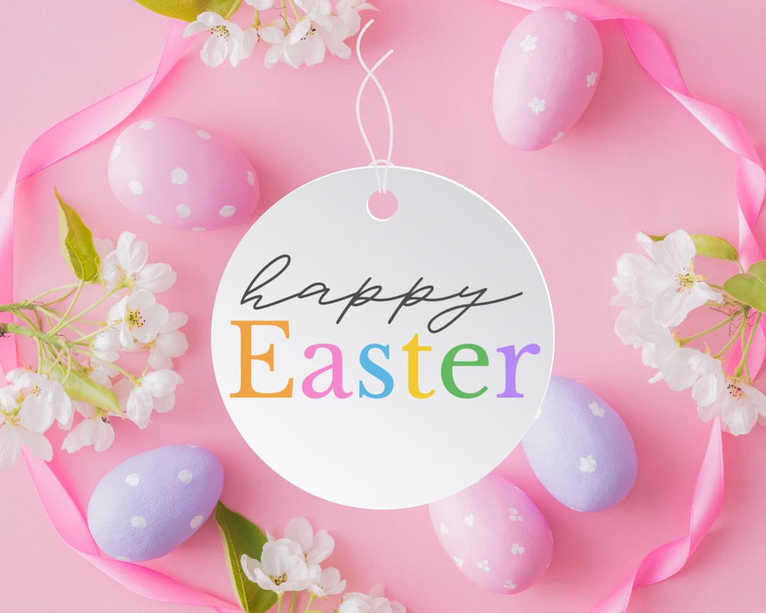 Printable Happy Easter Circle 2" Gift Tag, Pastel Colors, Happy Easter Minimalist Tag Spring ...