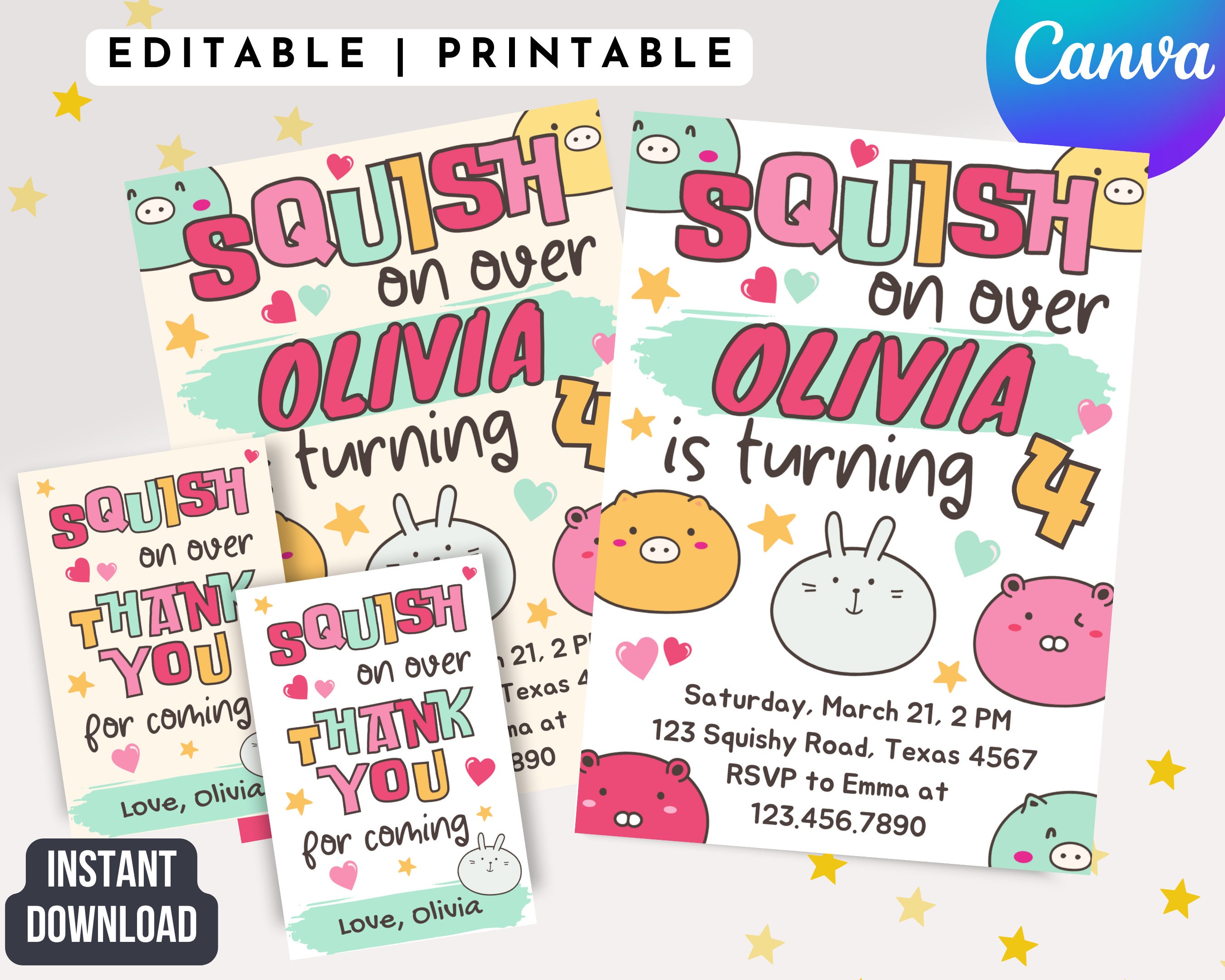 Editable and Printable Squish on Over Birthday Invitation Card Plus ...