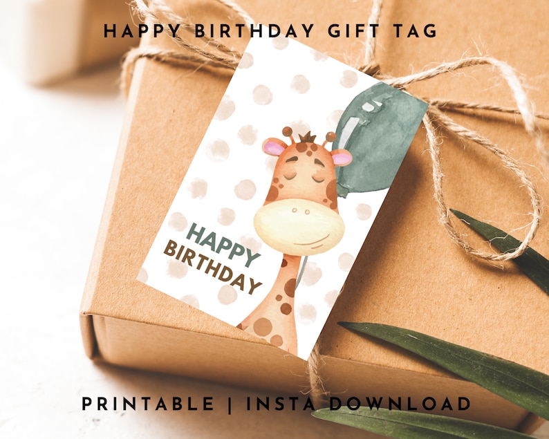 Cute Giraffe Happy Birthday Tag for Kids, Pastel Watercolor Giraffe ...
