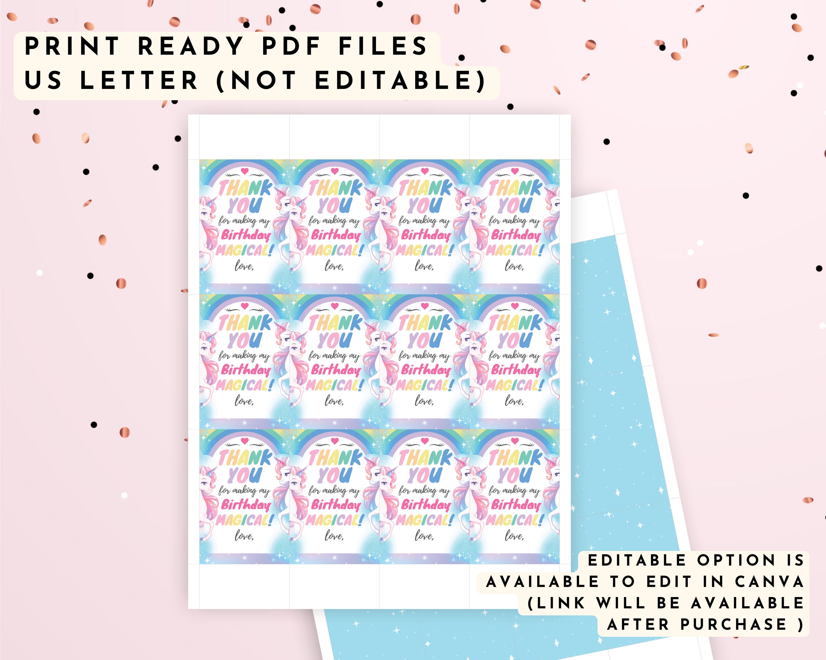 Printable and Editable Cute Unicorn Birthday Thank You Tag, Magical ...