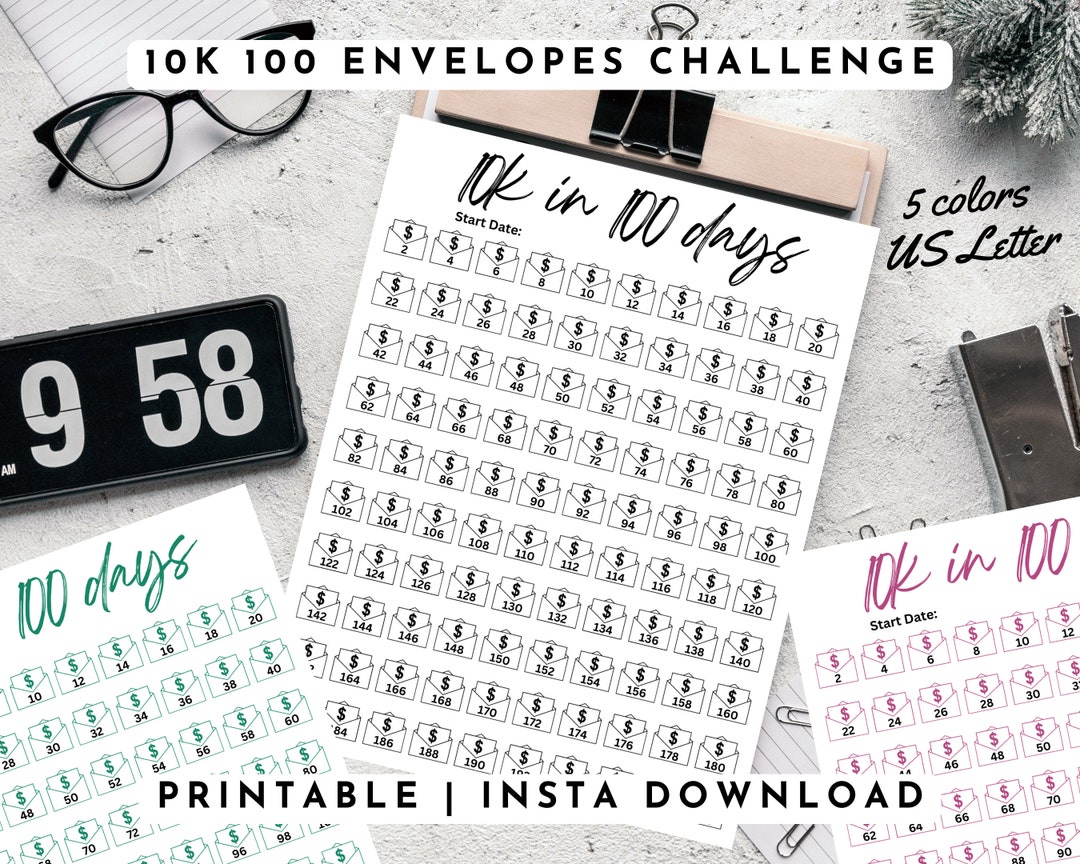 Printable 10K 100 Envelopes Challenge, Saving Tracker, 10K Challenge ...