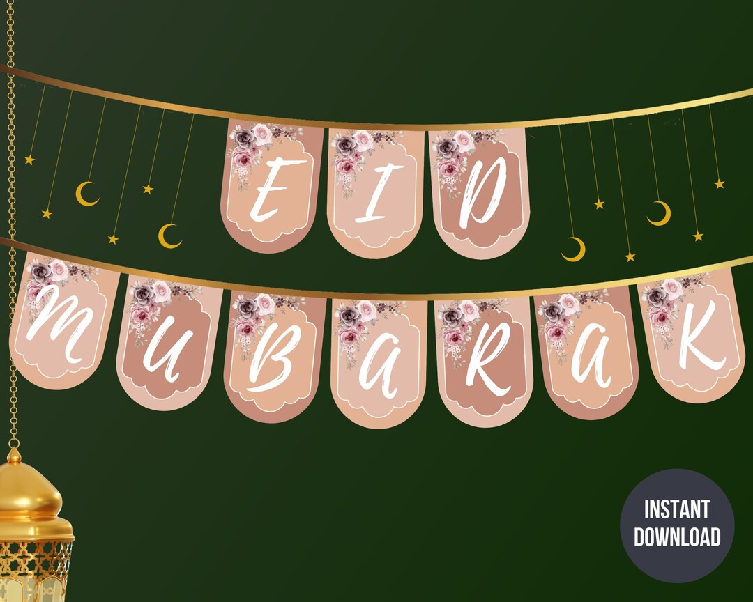 Printable Eid Mubarak Banner, Modern Floral Ramadan Decoration, Islamic ...