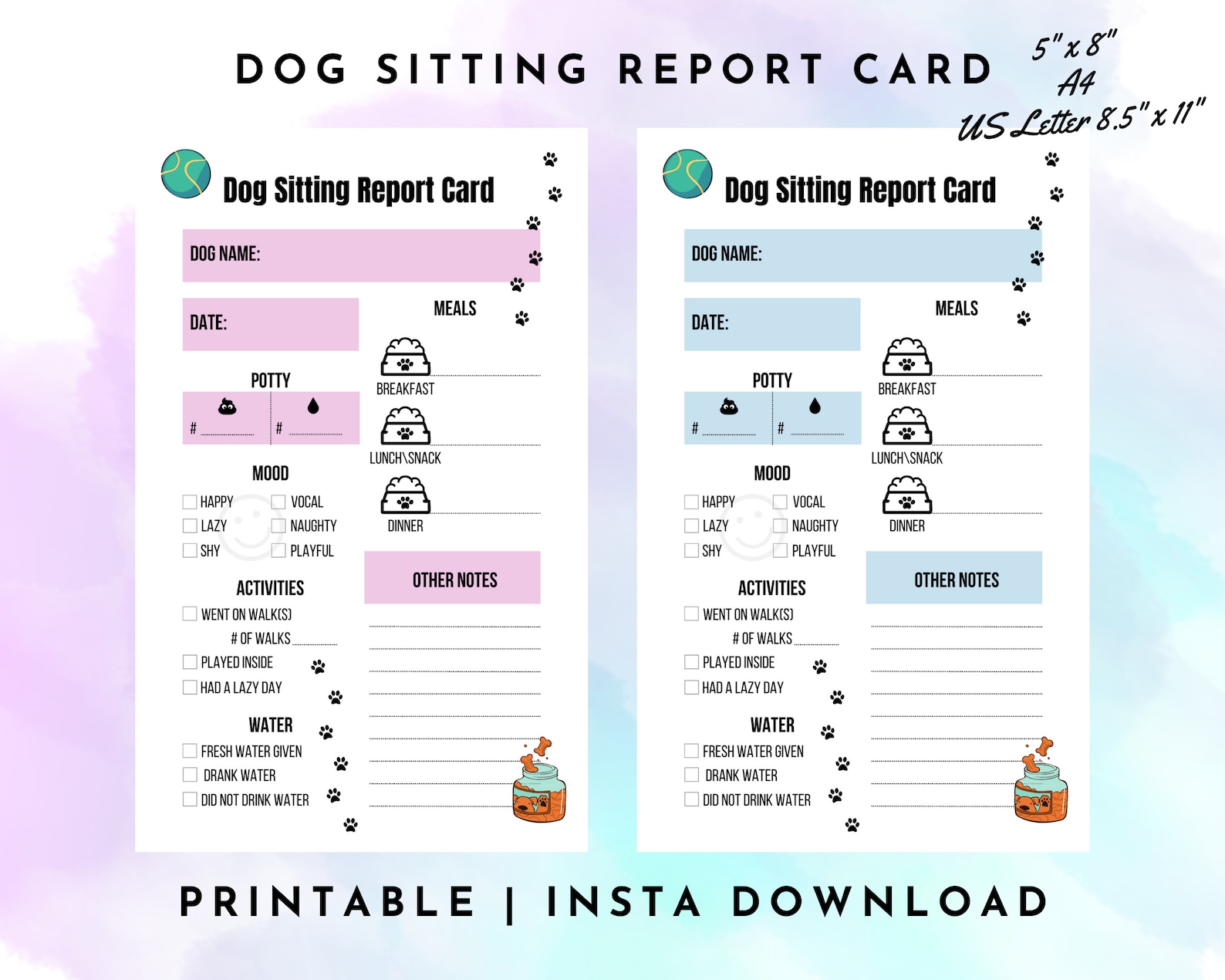 Dog Sitting Report Card, Dog Report Card, Pet Report Card, Pet Sitter ...