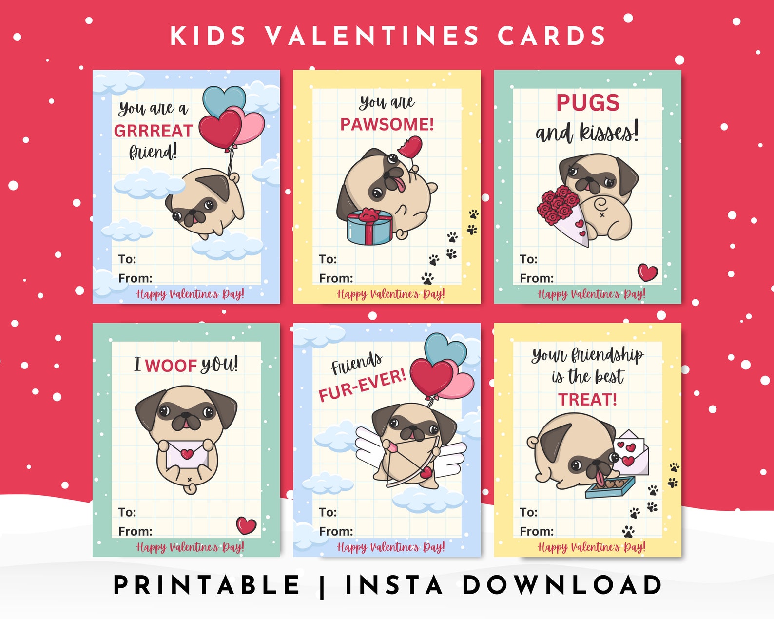 Classroom Valentines Day Cards, Printable Pug Valentine Cards, Kids ...