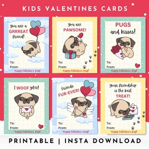 Classroom Valentines Day Cards, Printable Pug Valentine Cards, Kids ...