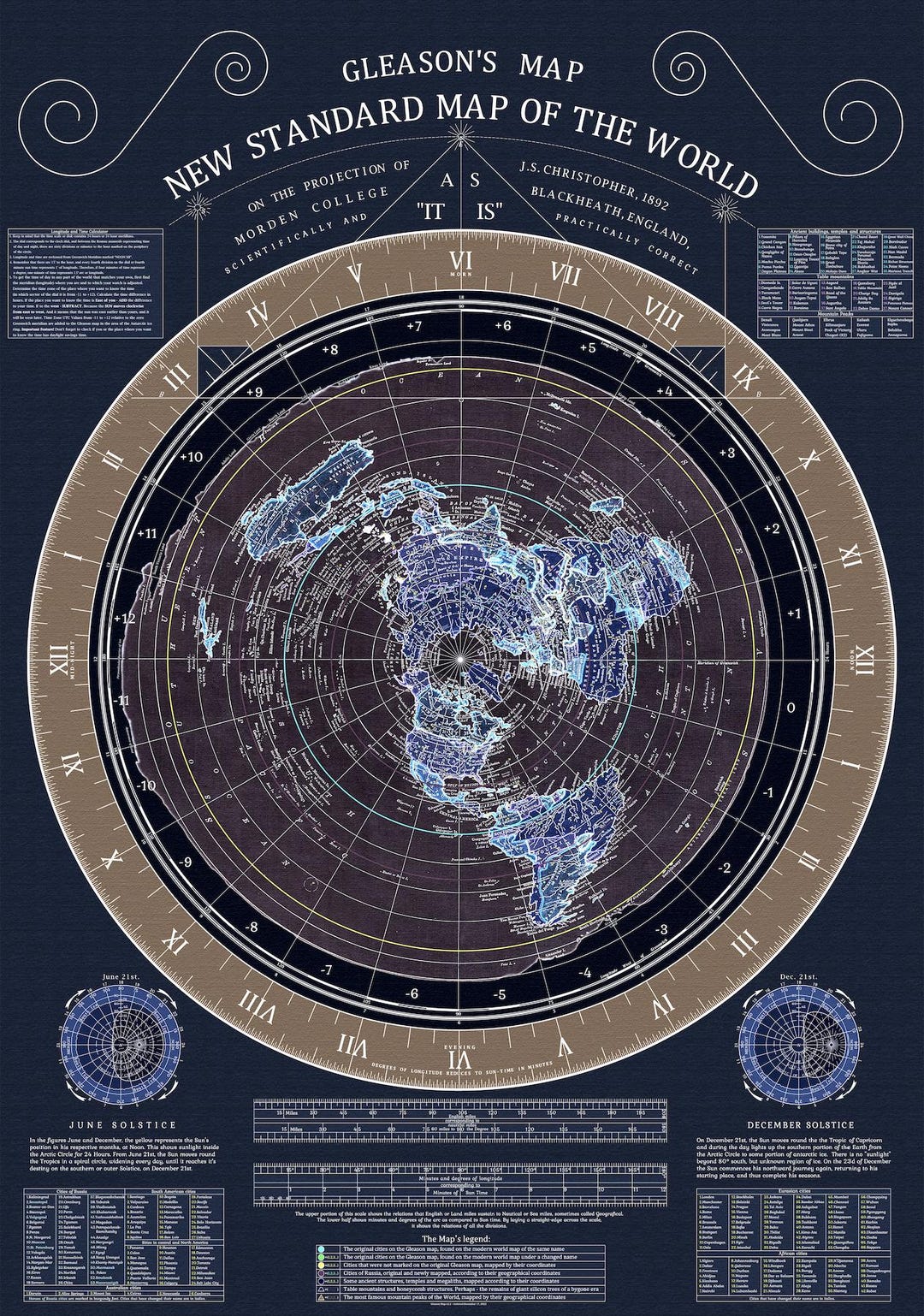Gleason' Flat Earth Map 2.0 | Marked Structures, Cities (navy Gold Ed ...