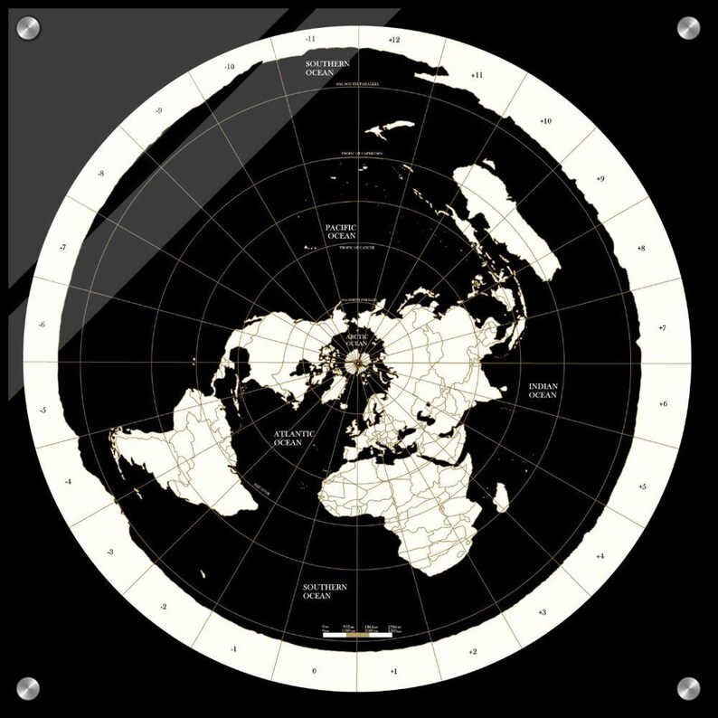 Flat Earth Map on Acrylic | Gleason's Azimuthal Projection, Black ...
