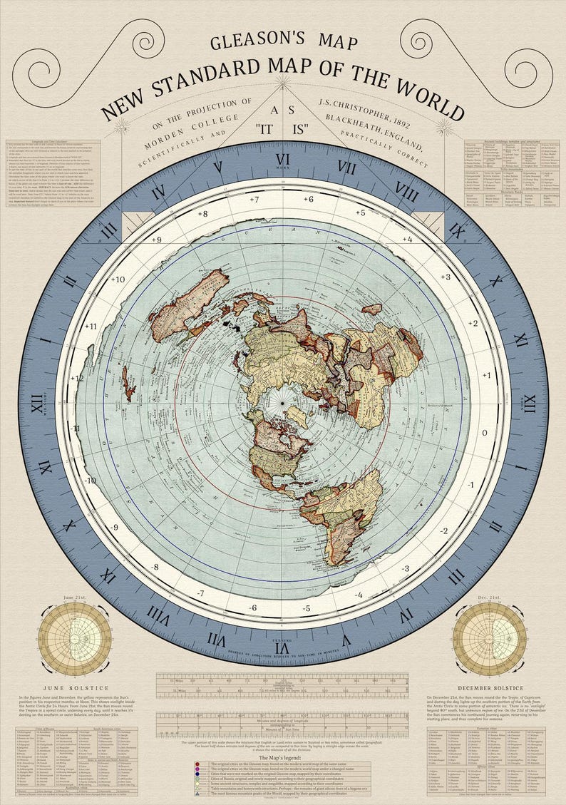 Gleason Flat Earth Map 2.0 | Marked Structures, Cities (antique Blue Ed ...
