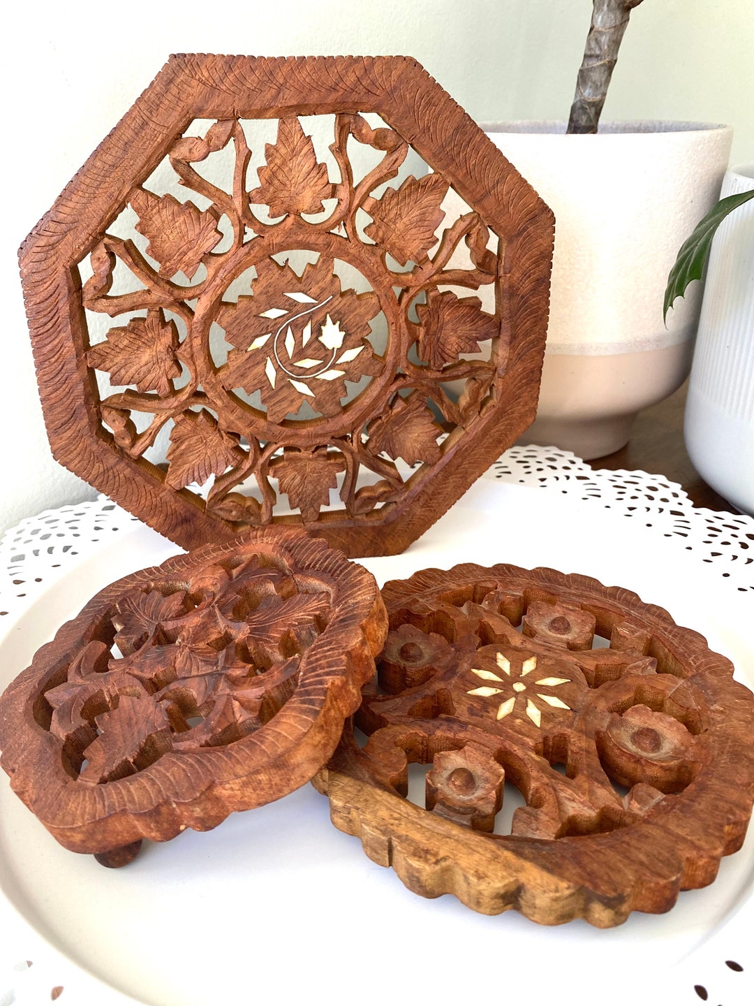 Set of 3 Carved Wood and Brass Inlay Trivet Plant Stand - Etsy