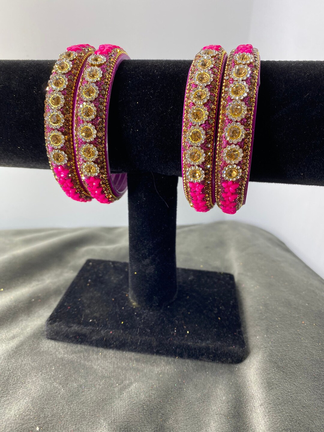 Bright Pink and Gold Flower Bangle / Bracelet / Kade - Etsy