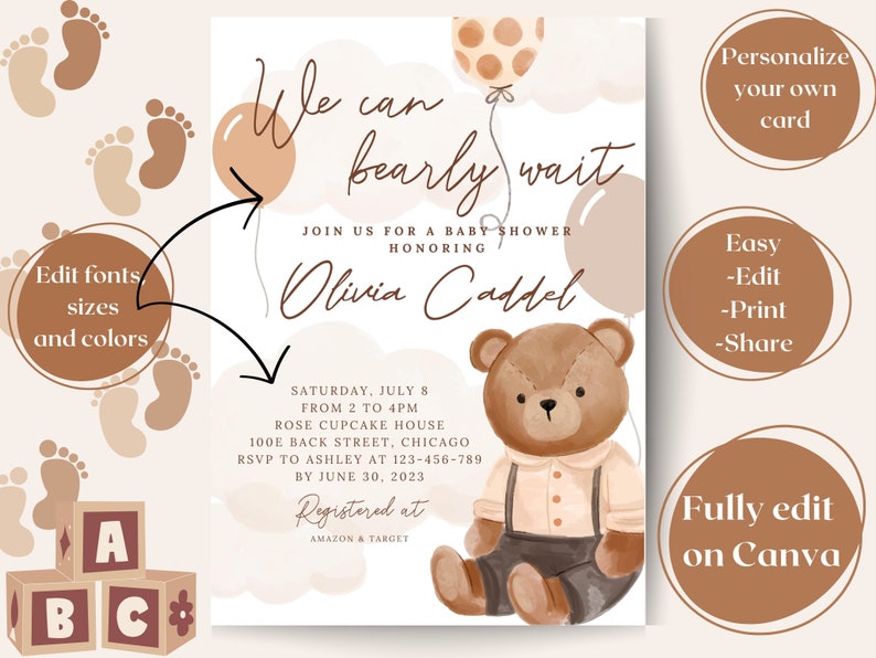 EDITABLE We Can Bearly Wait Baby Shower Invitation Template - Etsy