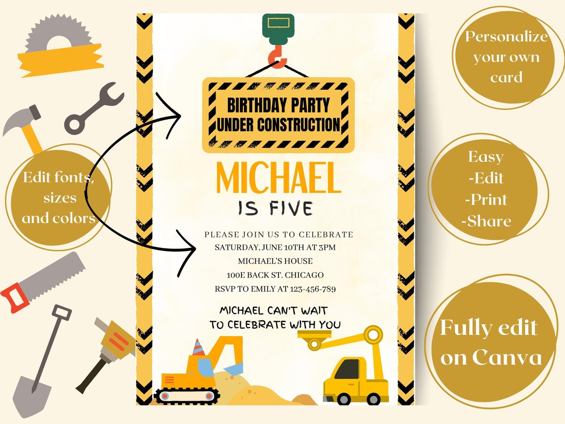 EDITABLE Construction Birthday Party Invitation Template - Etsy