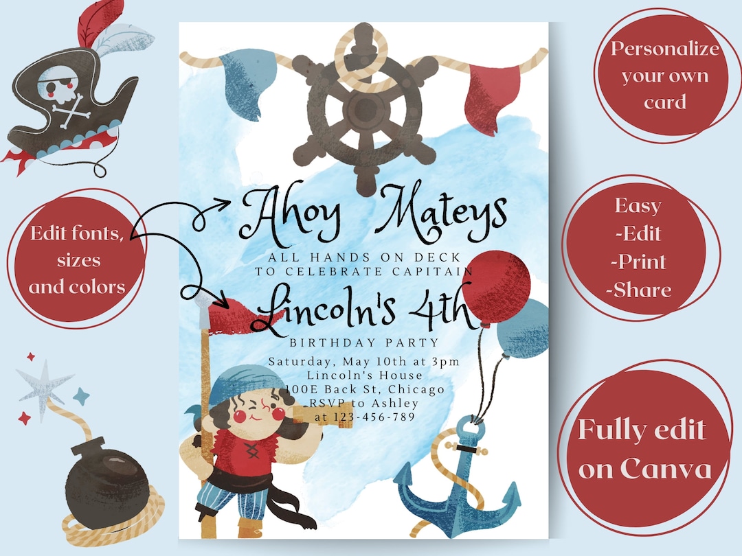 EDITABLE Ahoy Mateys Pirate Birthday Invitation Template - Etsy