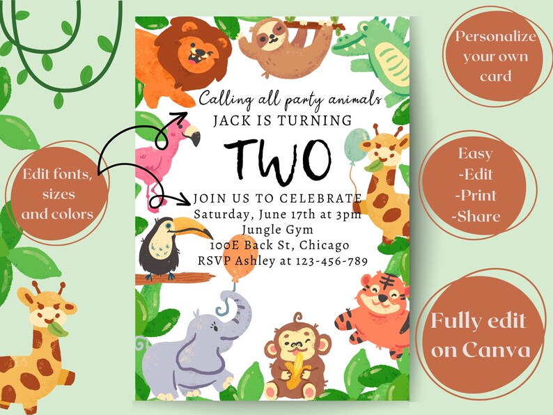 EDITABLE Jungle Animals Birthday Invitation Template - Etsy