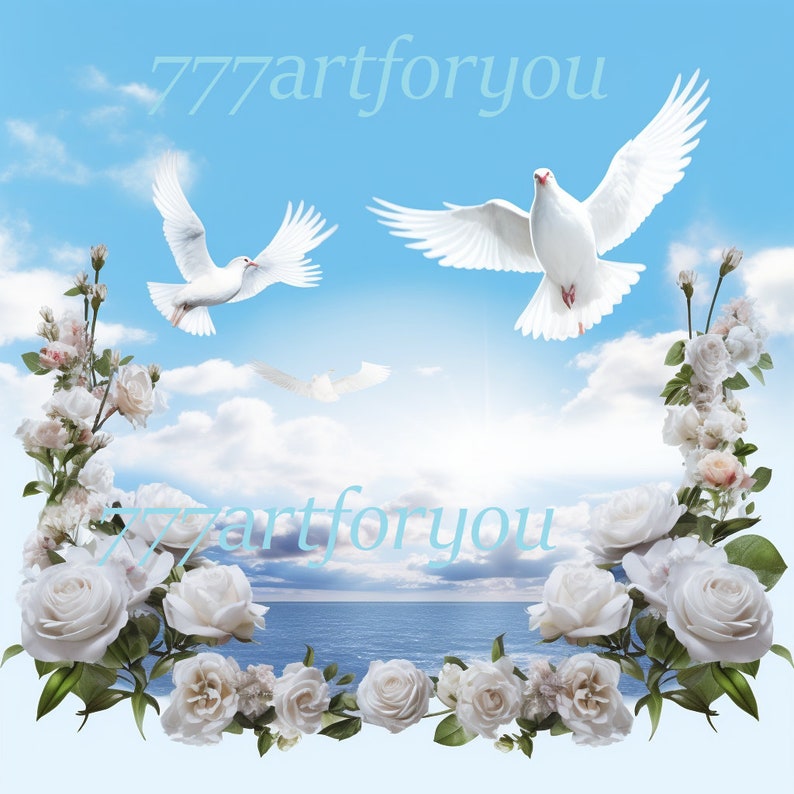 Blue Sky Silver Frames Rest in Heaven Doves Angel Wings Memorial PNG ...