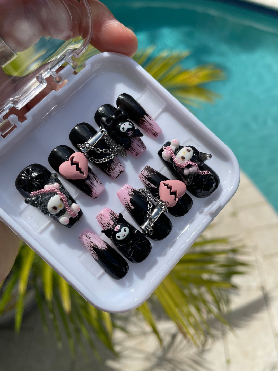 Kuromi Press on Nail Kit Kawaii Long Nails Nail Chains and Charms ...