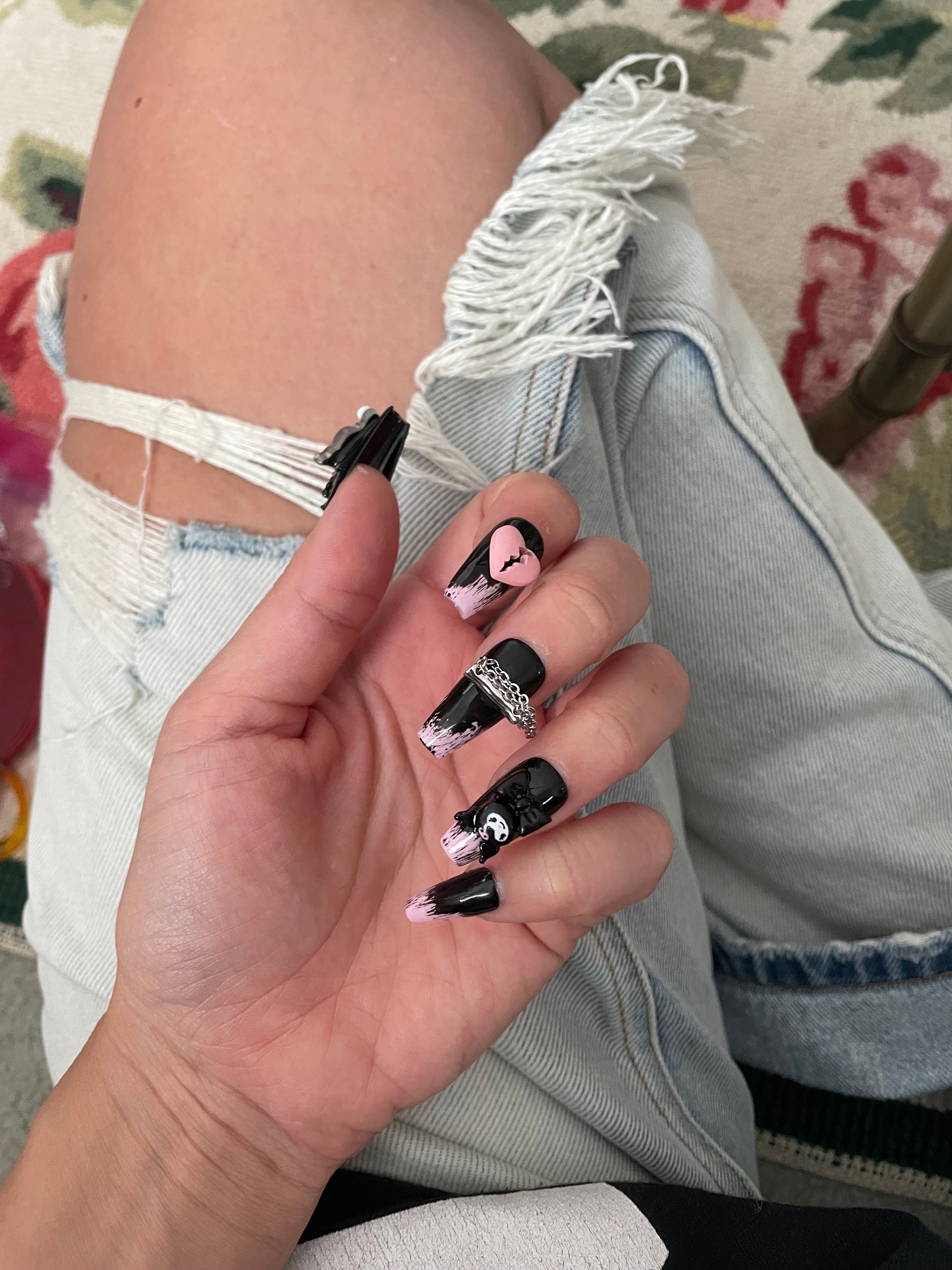 Kuromi Press on Nail Kit Kawaii Long Nails Nail Chains and Charms ...