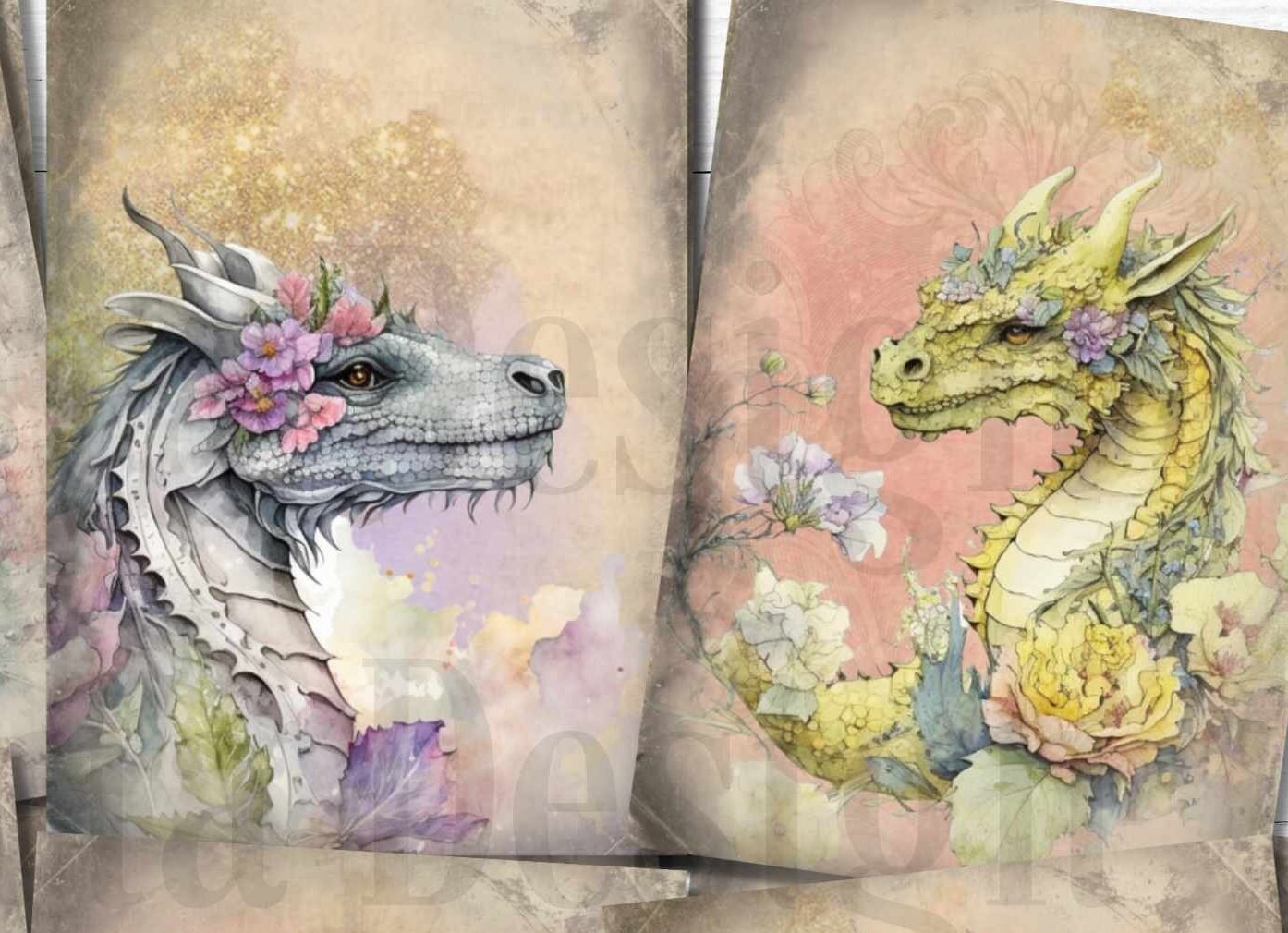 Dragons Journaling Cards, Floral Dragon ATC Card Set, Shabby Dragons ...