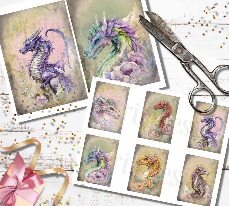 Dragons Journaling Cards, Floral Dragon ATC Card Set, Shabby Dragons ...
