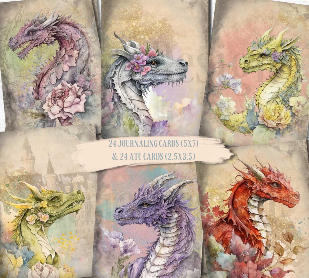 Dragons Journaling Cards, Floral Dragon ATC Card Set, Shabby Dragons ...