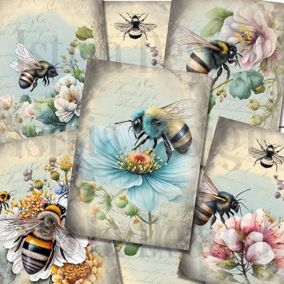 Bees Journaling Cards, Floral Printable, Watercolor Bees ATC Cards ...