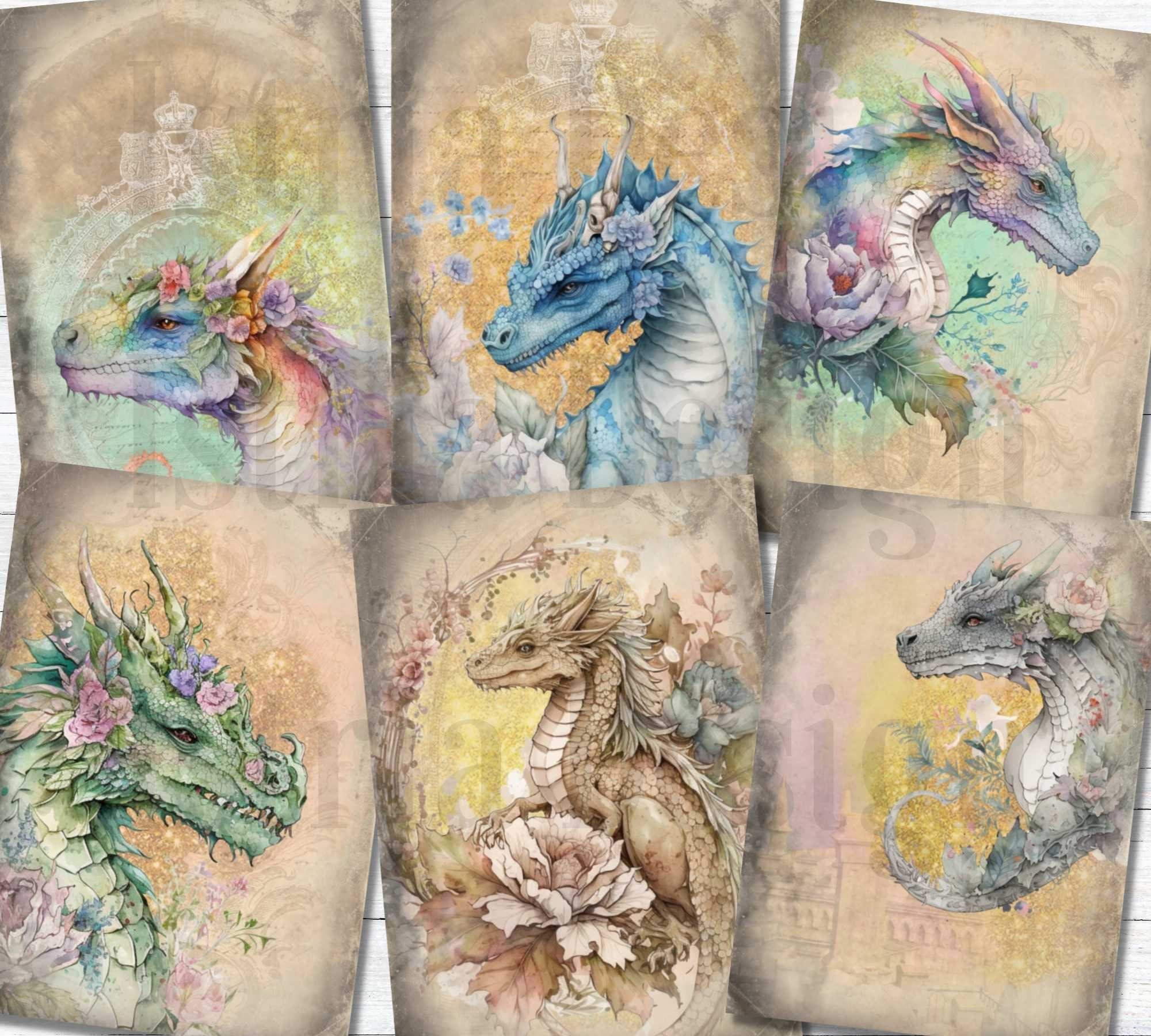Dragons Journaling Cards, Floral Dragon ATC Card Set, Shabby Dragons ...