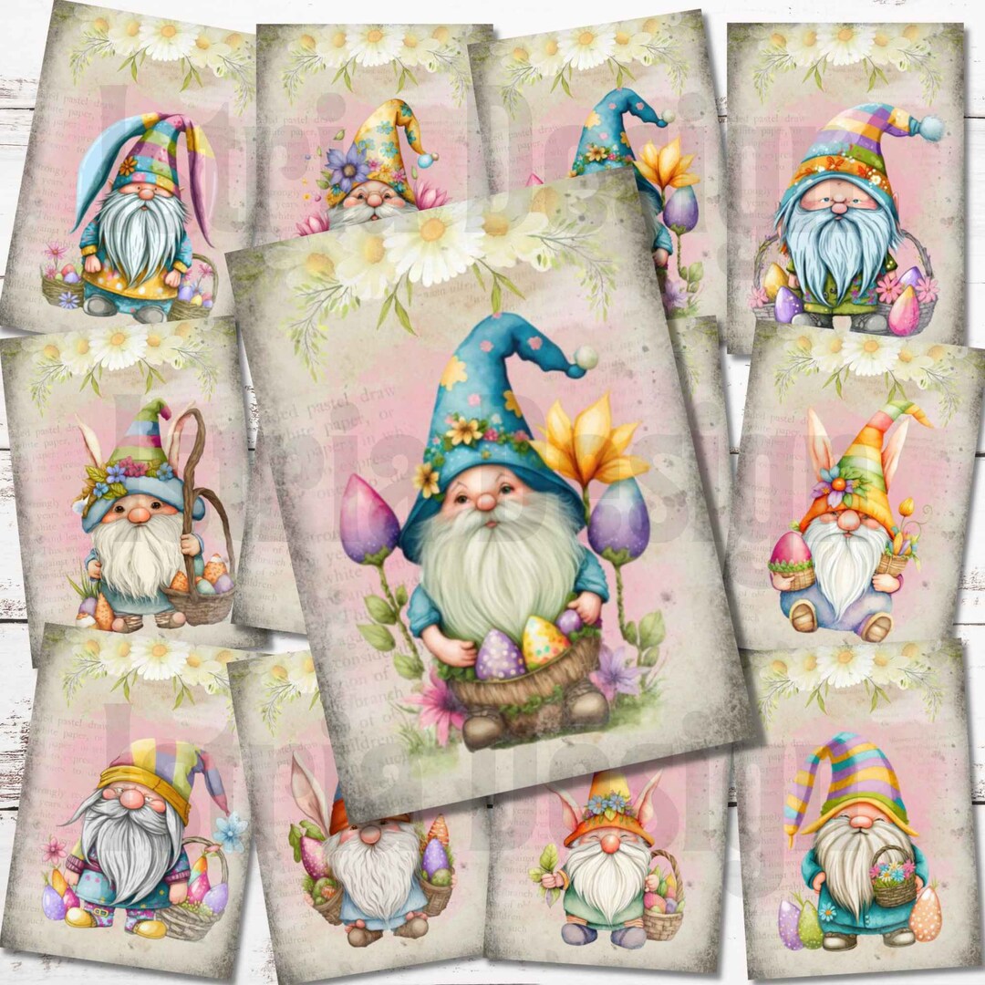 Gnomes Journaling Cards, Vintage Easter Printable, Easter Gnome ATC ...