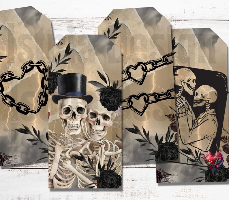 Goth Valentine Tags, Printable, Gothic Love Gift Tags, Skeleton Couple ...