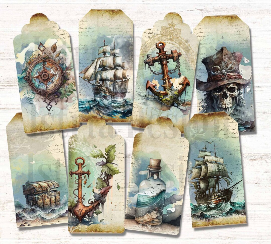 Pirate Gift Tags, Printable Party Favor Tags, Nautical Ephemera ...