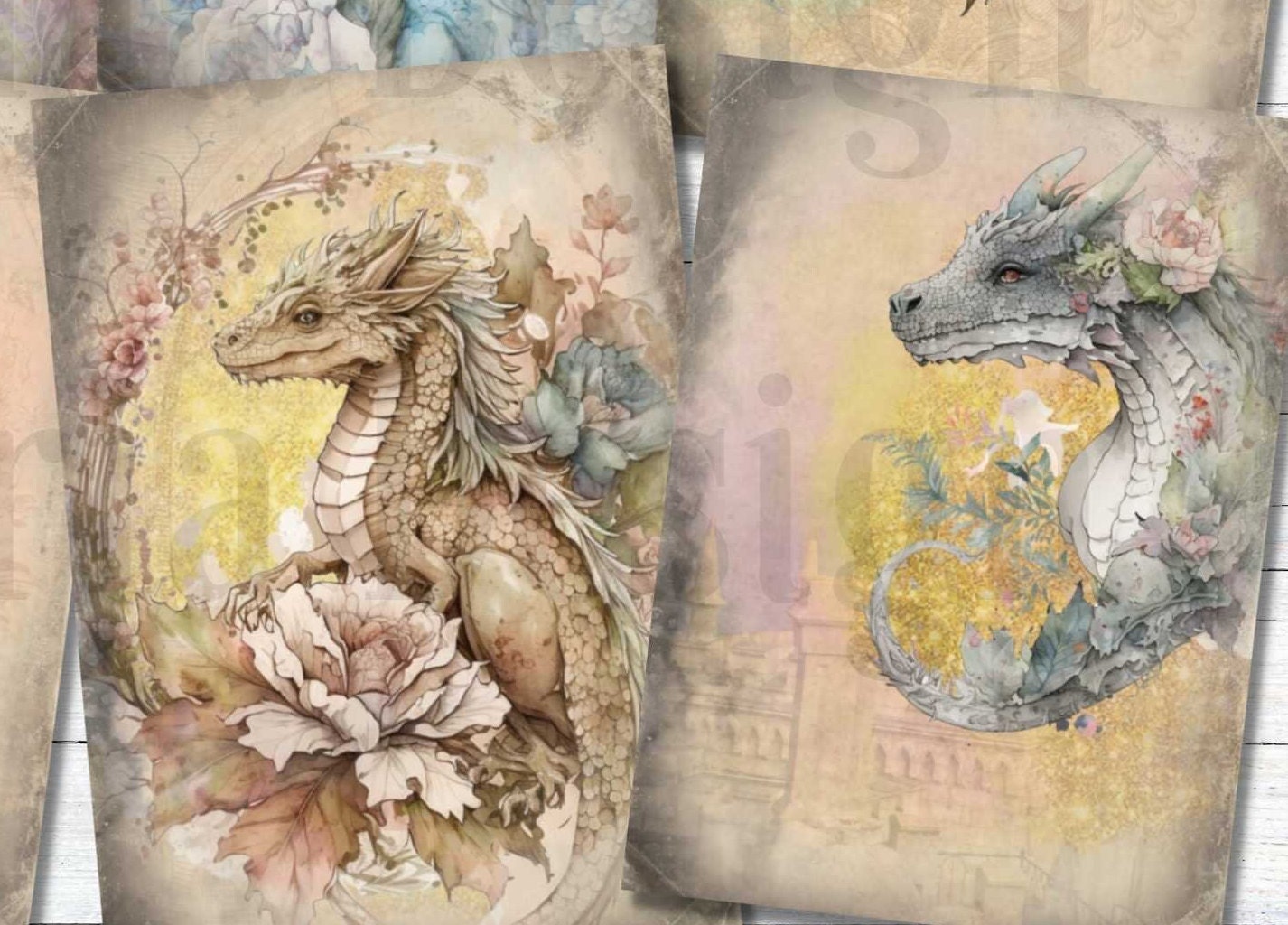 Dragons Journaling Cards, Floral Dragon ATC Card Set, Shabby Dragons ...