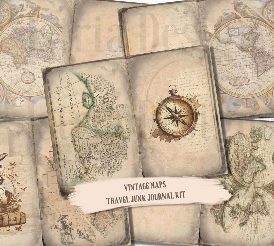 Map Travel Journal, Travel Junk Journal Kit, Map Junk Journal, Vintage ...