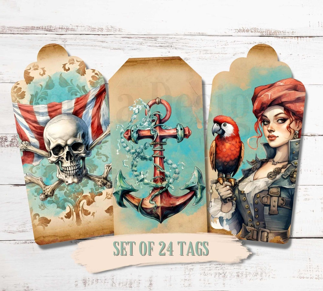 Pirate Gift Tags, Printable Party Favor Tags, Nautical Ephemera ...