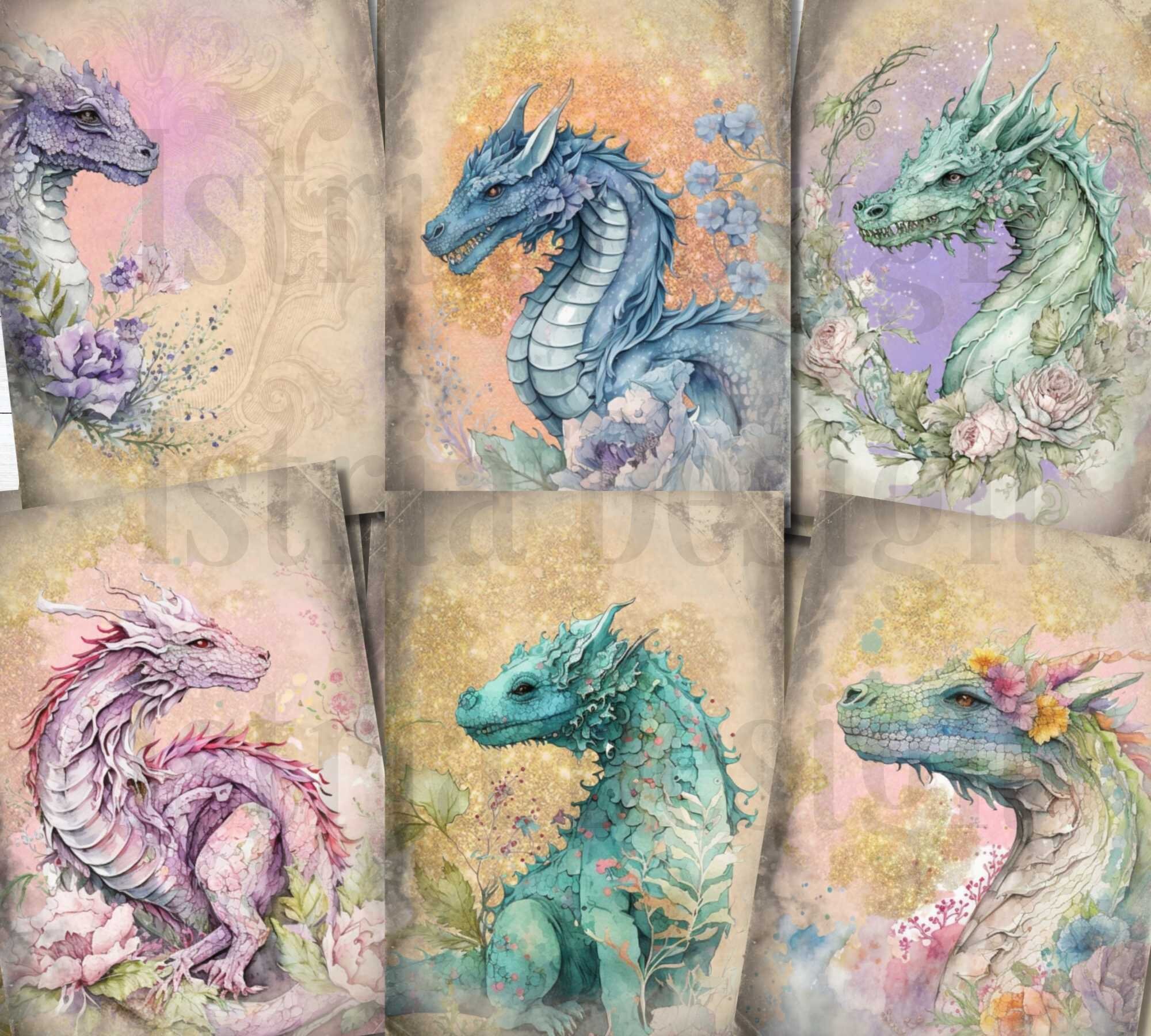 Dragons Journaling Cards, Floral Dragon ATC Card Set, Shabby Dragons ...