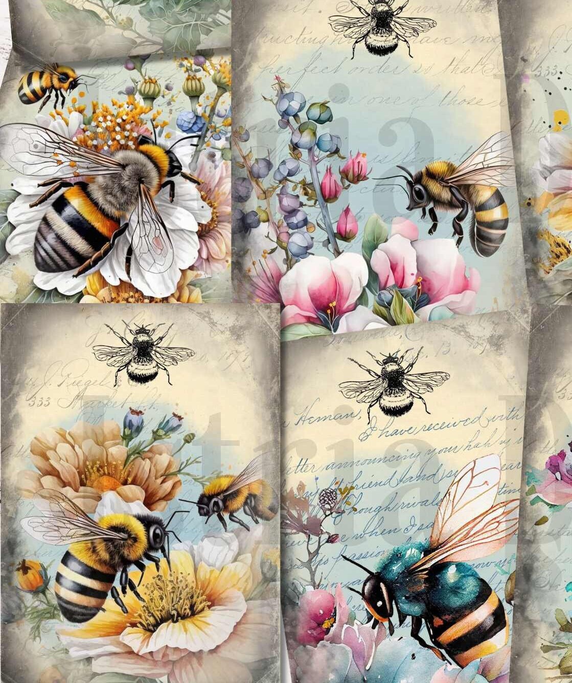 Bees Journaling Cards, Floral Printable, Watercolor Bees ATC Cards ...