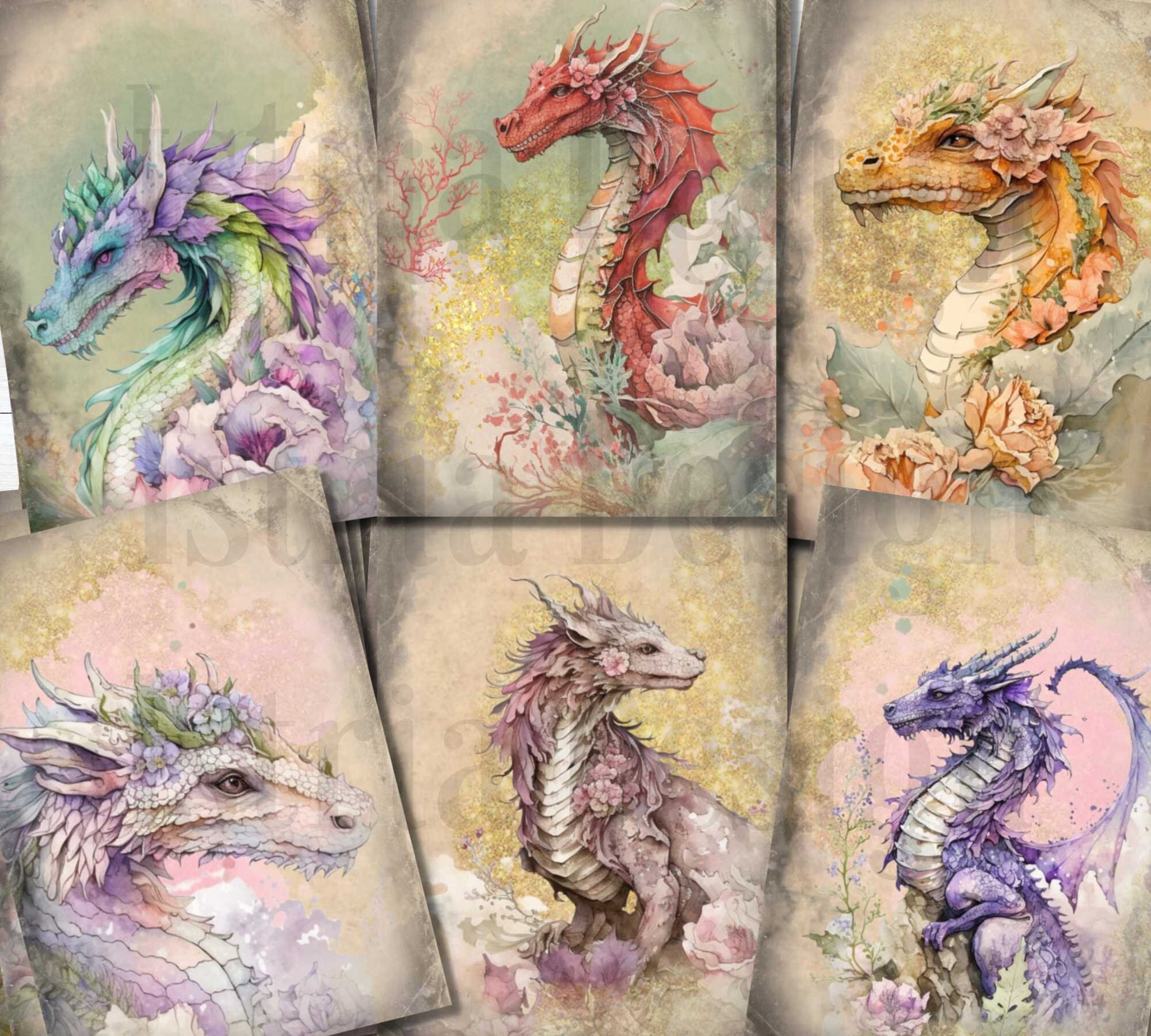 Dragons Journaling Cards, Floral Dragon ATC Card Set, Shabby Dragons ...
