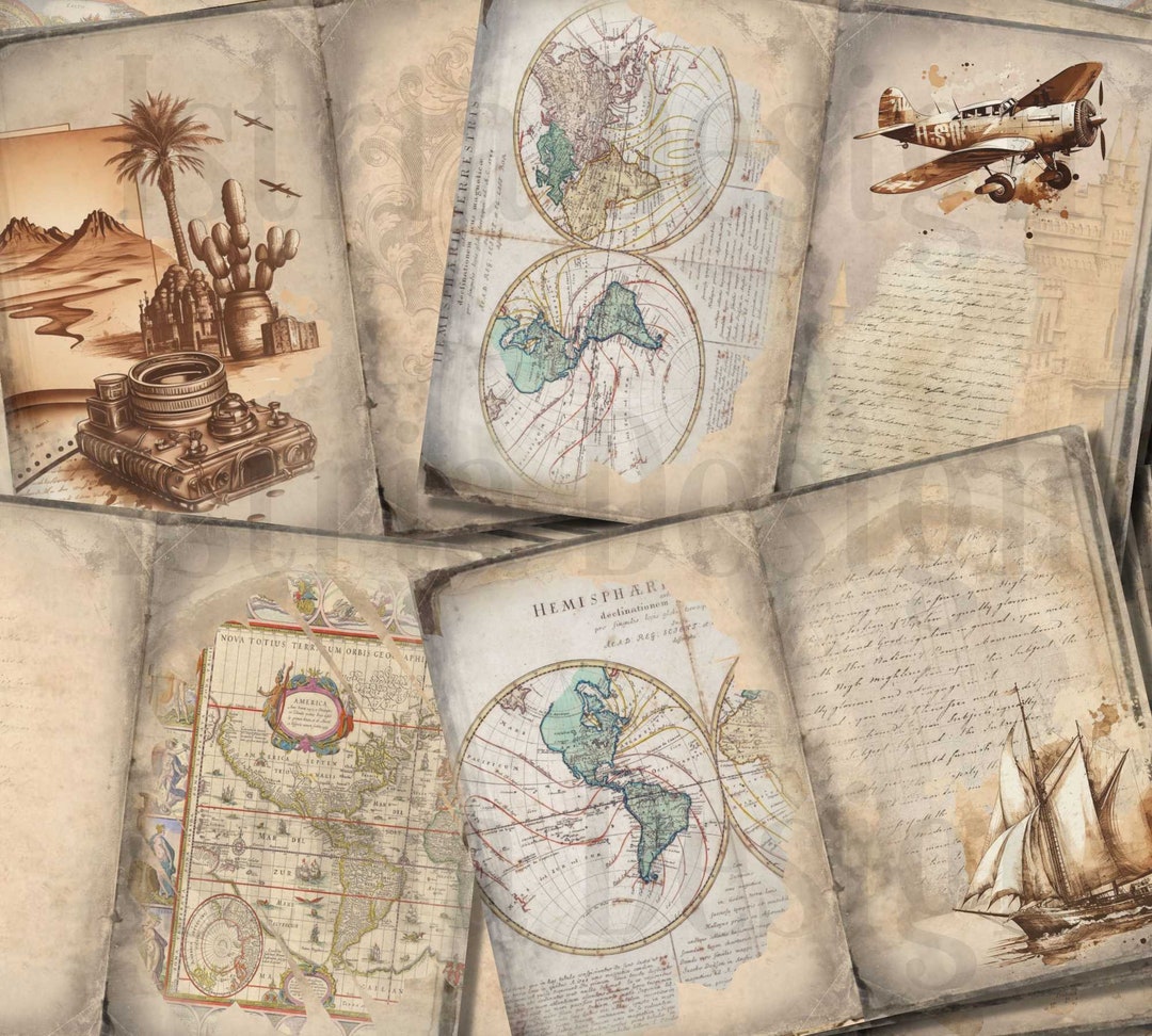 Vintage Maps Junk Journal Pages, Travel Journal Papers, Printable ...