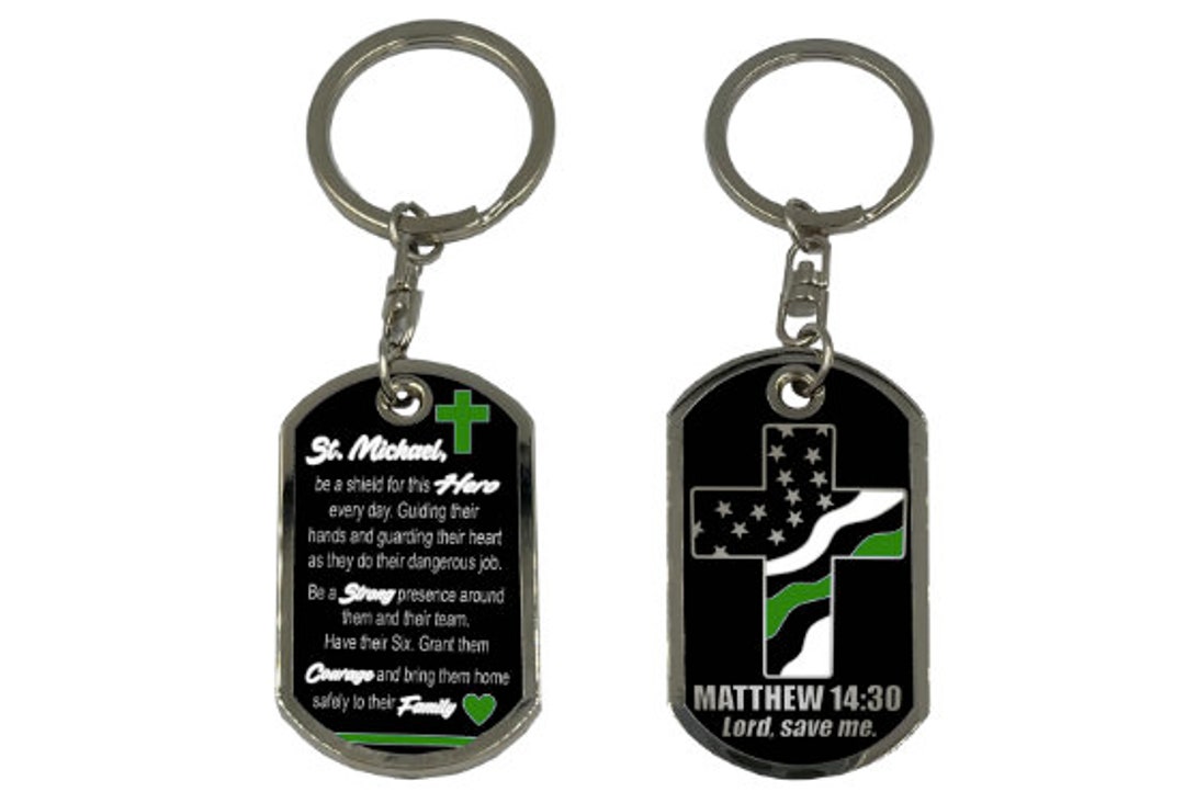 Thin Green Line Saint Michael Prayer Dog Tag Keychain Challenge Coin ...