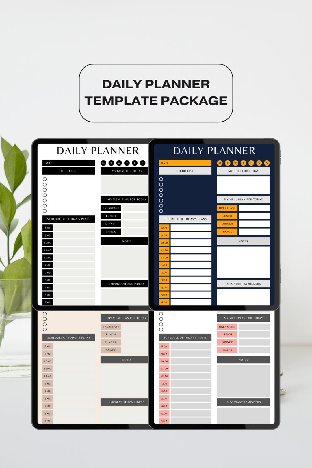 Daily Planner Template Package 4 Options Color Template, Daily Planner ...