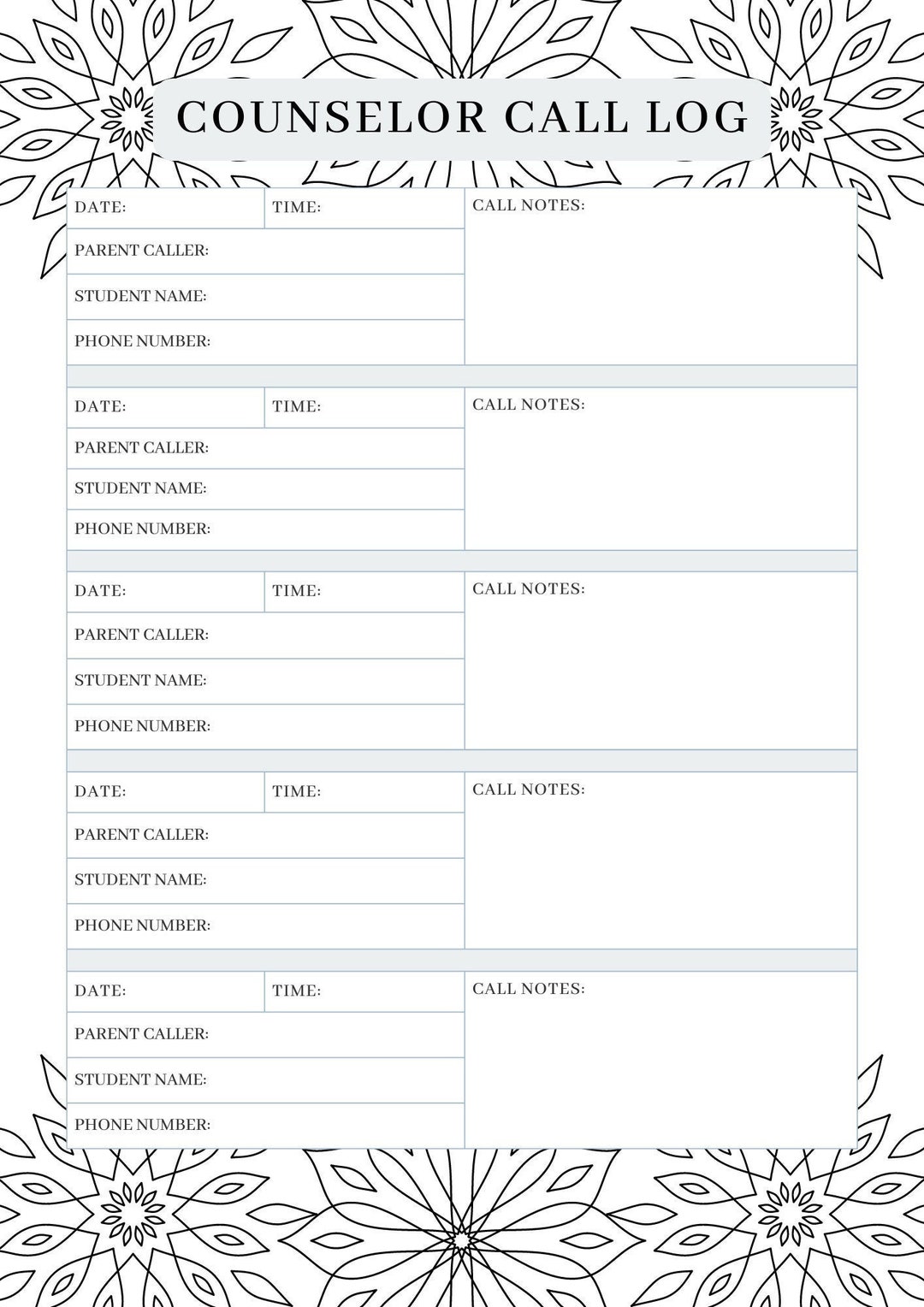 School Counselor Call Log With Coloring Border Instant Download - Etsy