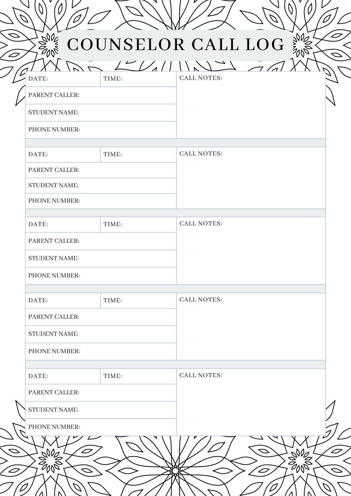 School Counselor Call Log With Coloring Border Instant Download - Etsy