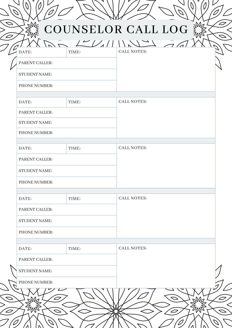 School Counselor Call Log With Coloring Border Instant Download - Etsy