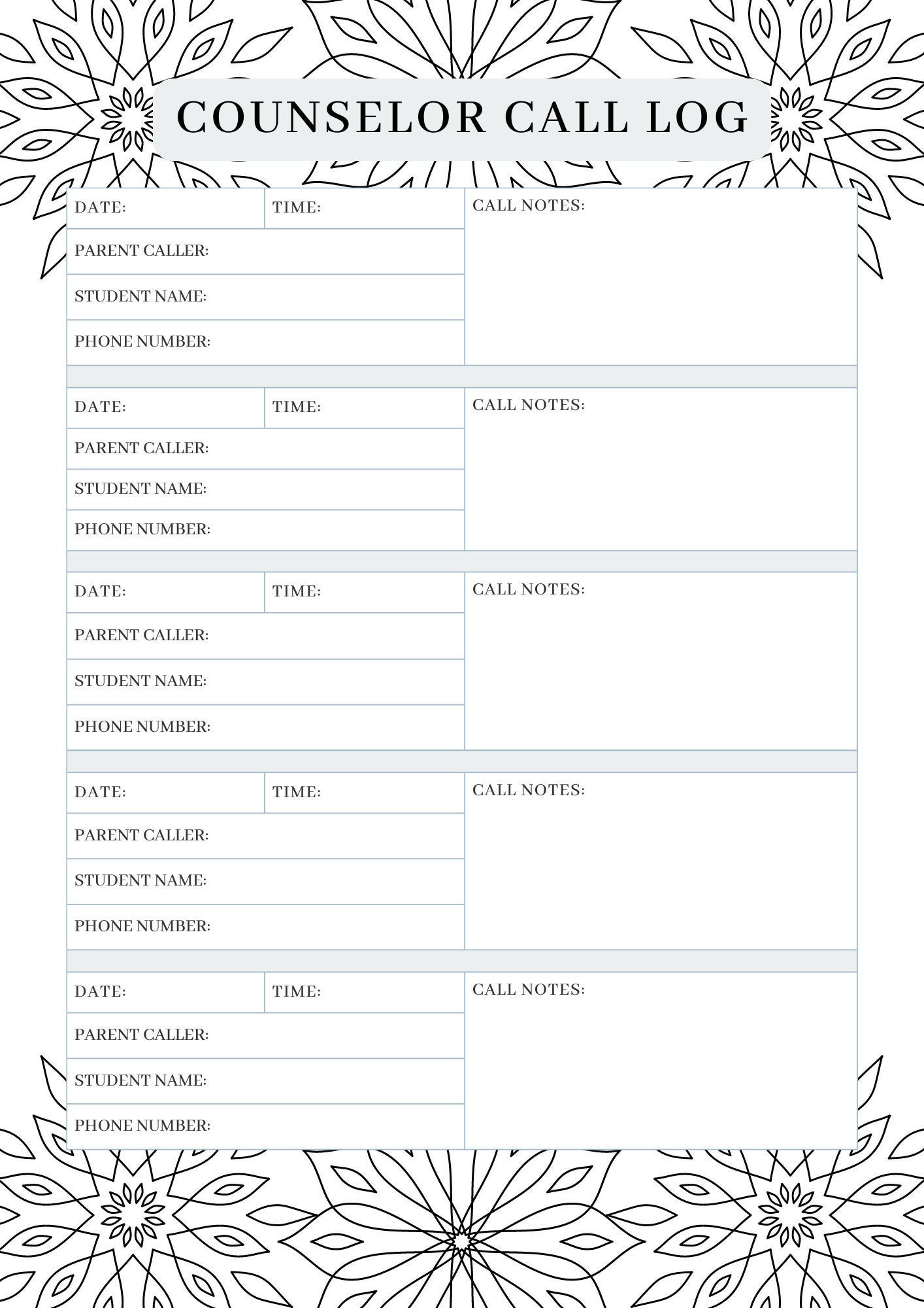 School Counselor Call Log With Coloring Border Instant Download - Etsy