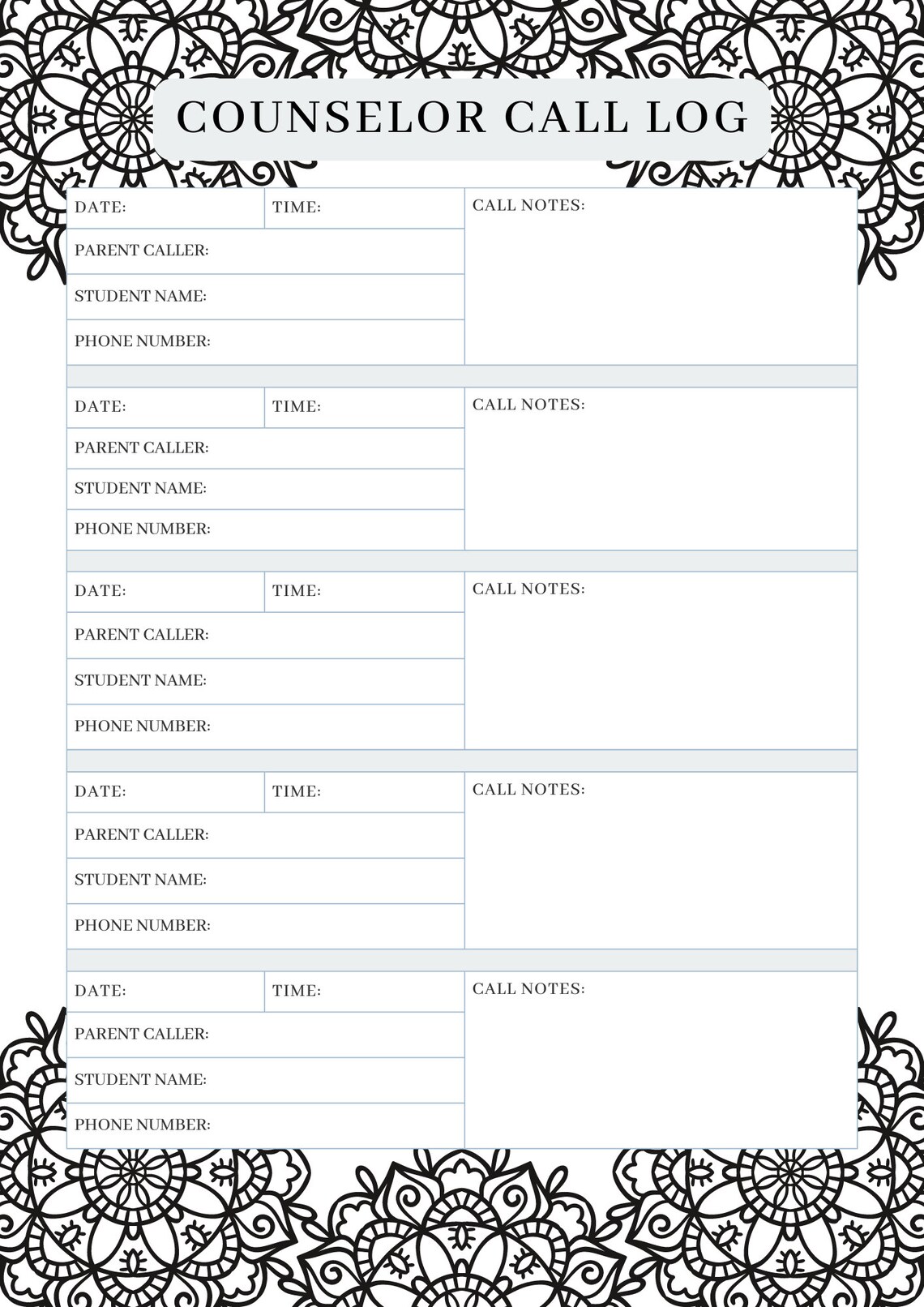 School Counselor Call Log With Coloring Border Instant Download - Etsy