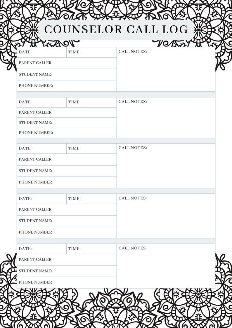 School Counselor Call Log With Coloring Border Instant Download - Etsy