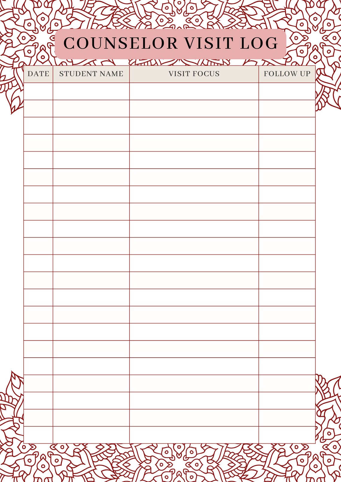 School Counselor Visit Log With Coloring Border Instant PDF Download - Etsy